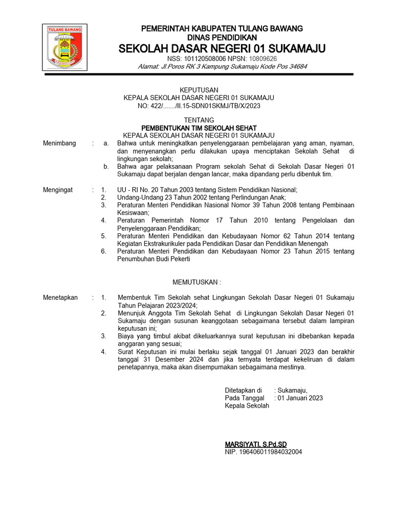 SK Tim Sekolah Sehat Di Lingkungan Satuan Pendidikan | PDF | Gaya Hidup