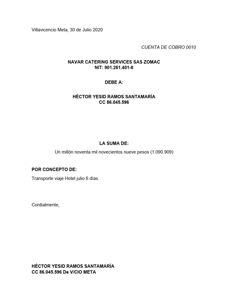 Formato Cta de Cobro Transporte | PDF | Negocios | Finanzas y dinero