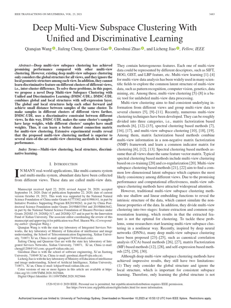 Deep Multi-View Subspace Clustering With Unified and Discriminative Learning | PDF | Cluster ...