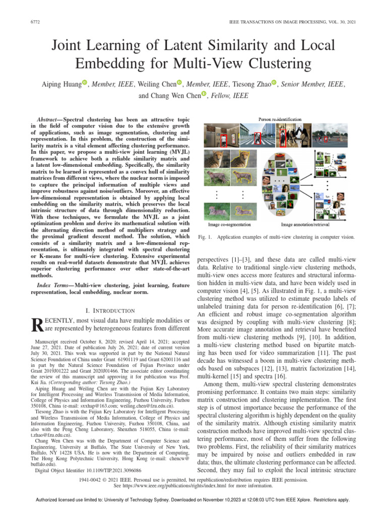 Joint Learning of Latent Similarity and Local Embedding For Multi-View Clustering | PDF ...
