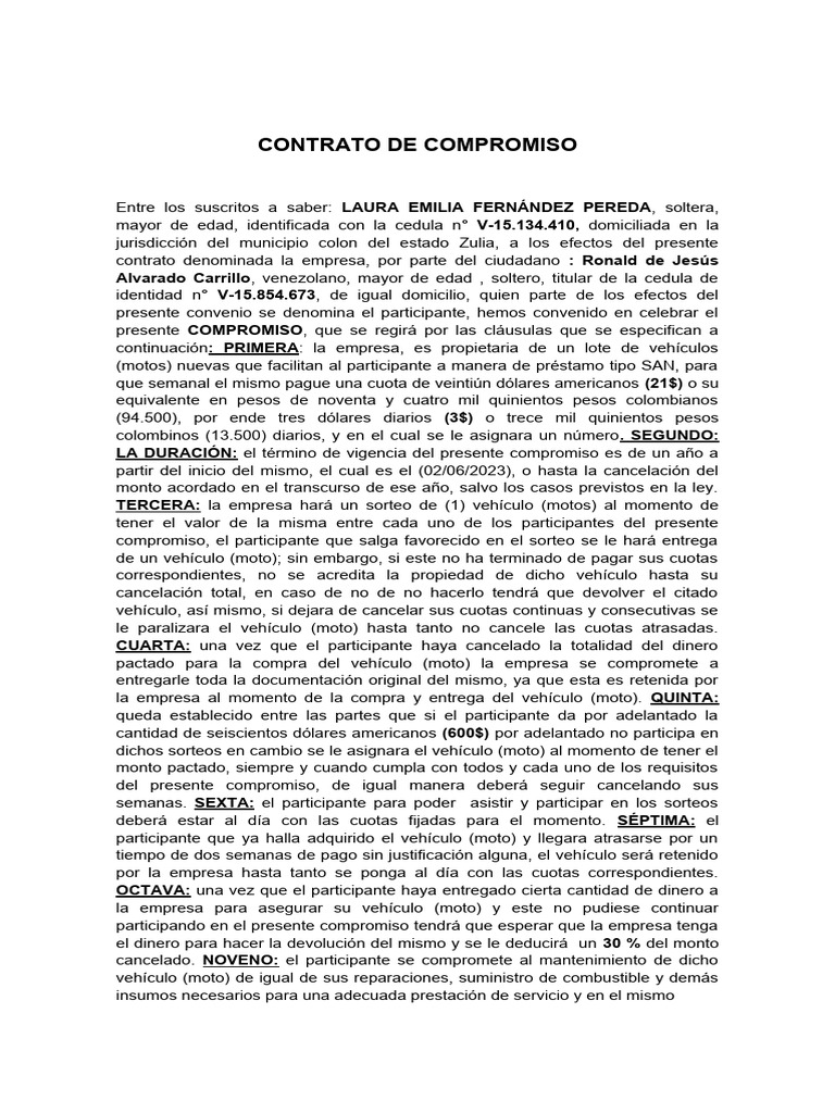 Contrato de Compromiso Moto | PDF