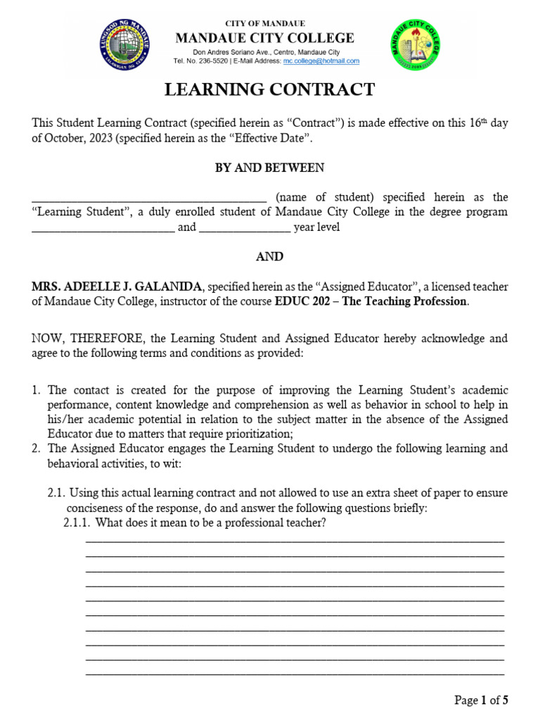 Student Learning Contract Oct 16-19-2023 EDUC 202 | PDF | Teachers ...
