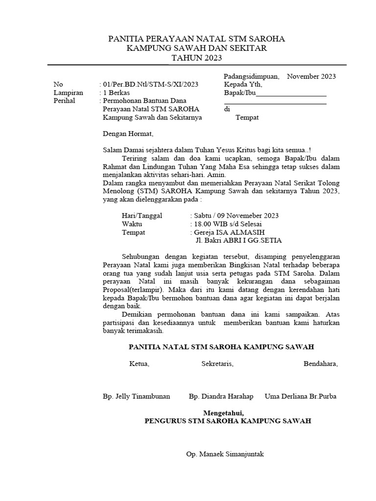 Surat Permohona Panitia Perayaan Natal STM Saroha | PDF