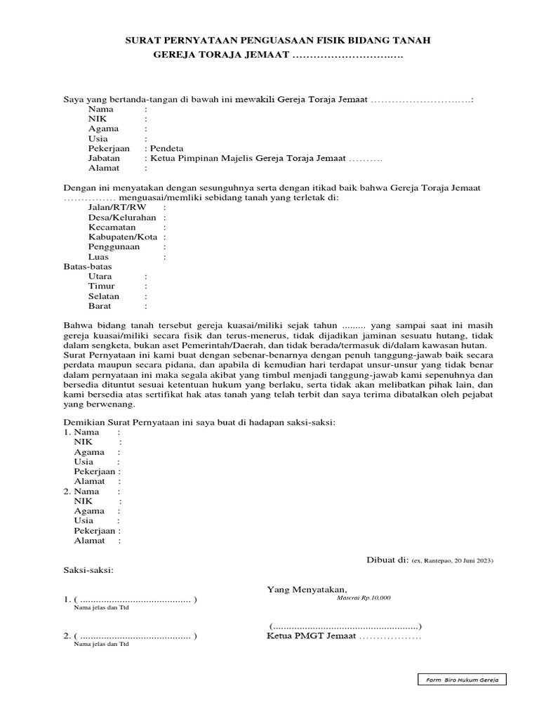 SURAT PERNYATAAN PENGUASAAN FISIK BIDANG TANAH Gereja - Form BHGT | PDF ...