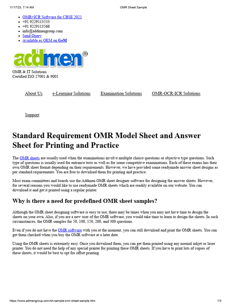 OMR Sheet Sample | PDF | Printer (Computing) | Computer Science