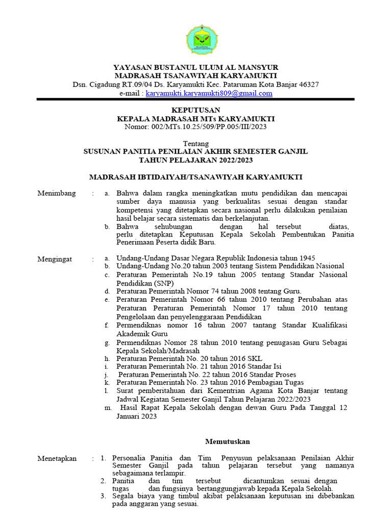 SK Panitia PPDB Madrasah 2022 | PDF