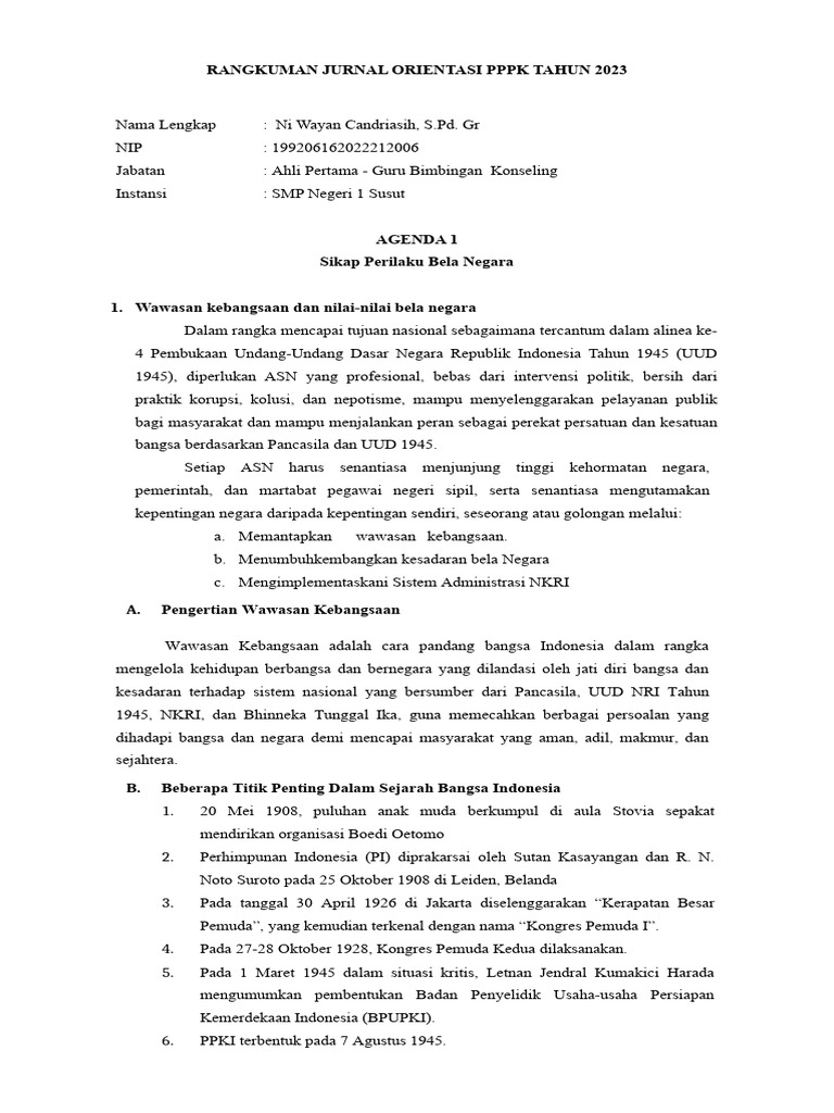 Rangkuman Jurnal Orientasi PPPK Tahun 2023 Ni Wayan Candriasih | PDF