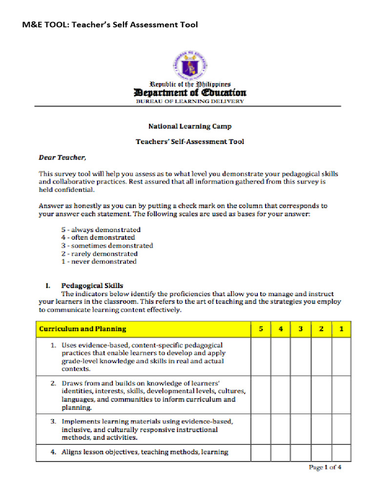 M E NLC Teachers Self Assessment Tool | PDF