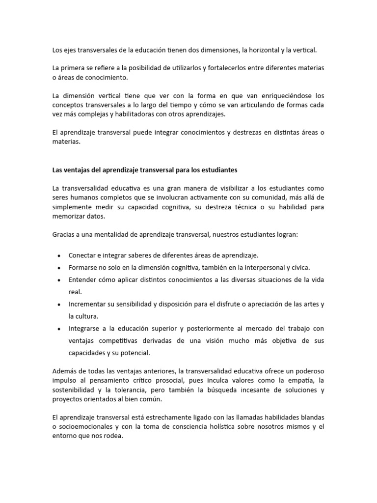 La transversalidad en la educación | PDF | Aprendizaje | Cognición