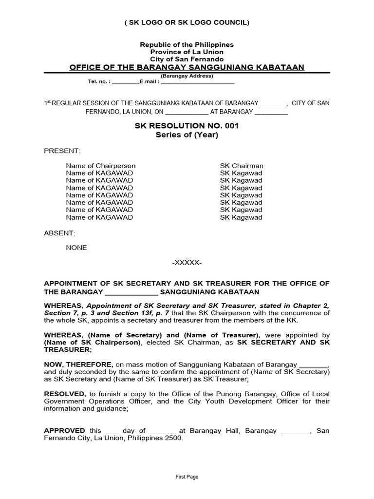Sample Resolution For SK Sec and Tres | PDF | Government | Local Government