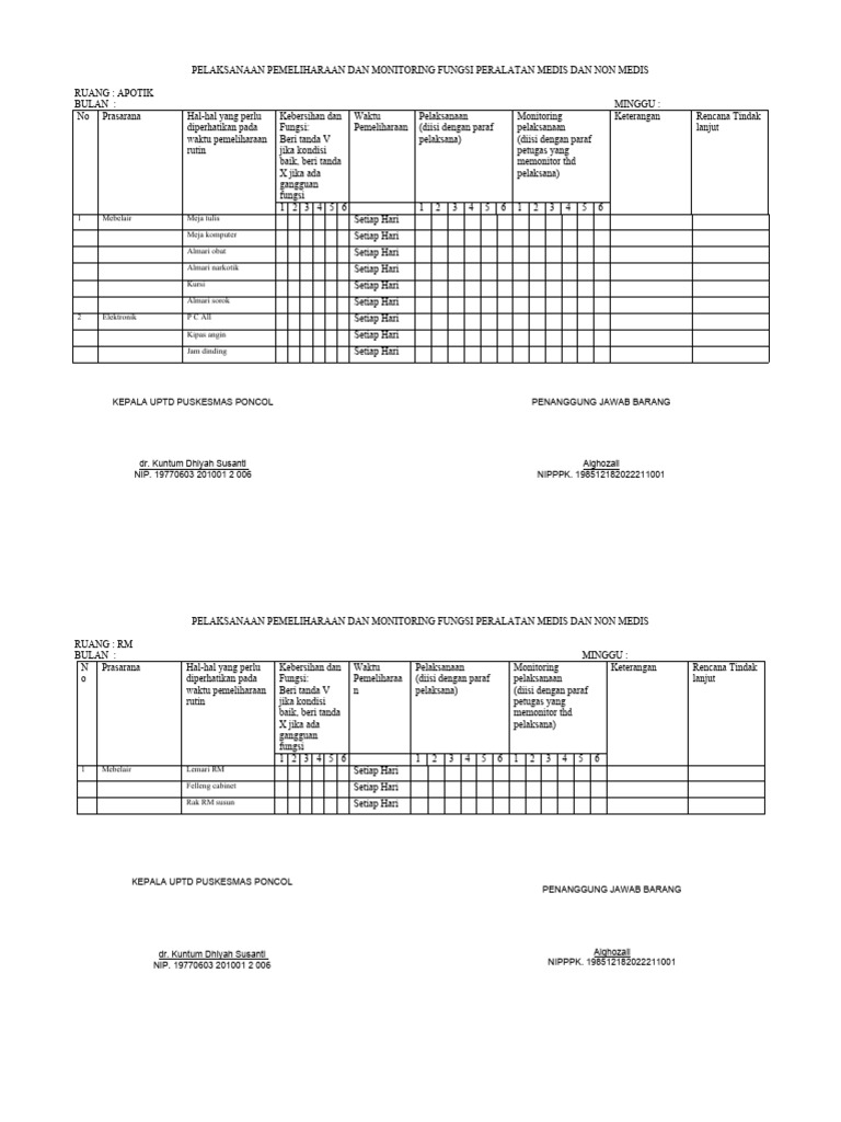 Contoh Form Pemeliharaan Dan Monitoring Fungsi Peralatan Medis ...