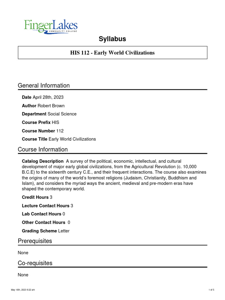 Early World Civilizations Syllabus | PDF | Ancient History | Asia