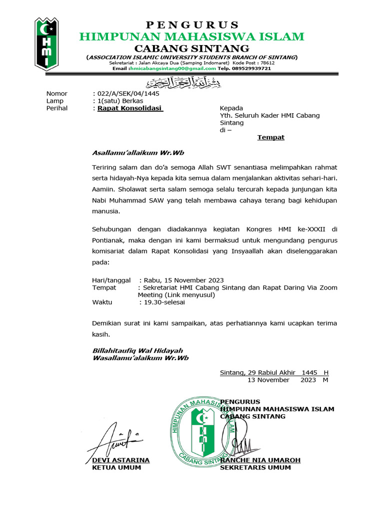 Undangan Rapat Konsolidasi HMI | PDF