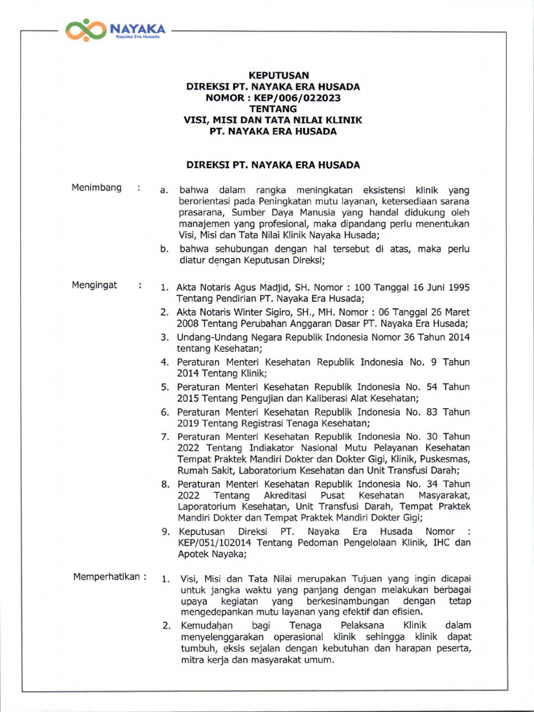 1.1.1 SK Visi Misi Klinik PT NEH | PDF