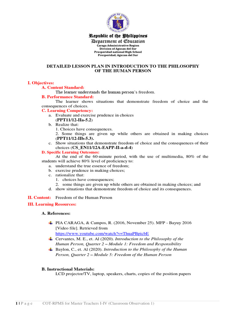 Lesson Plan in Freedom and Responsibility | PDF | Free Will | Teachers