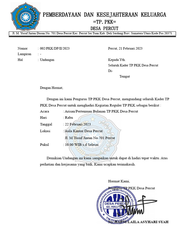PKK Percut - Contoh Surat Undangan Arisan | PDF