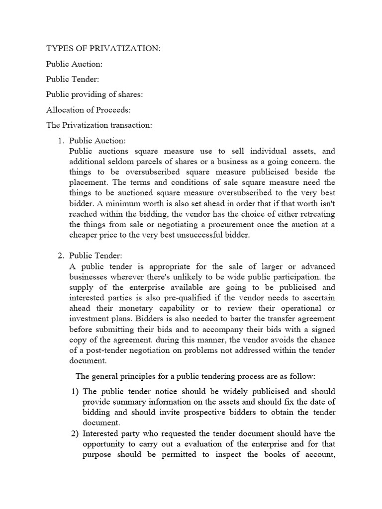Types of Privatization | PDF | Auction | Procurement
