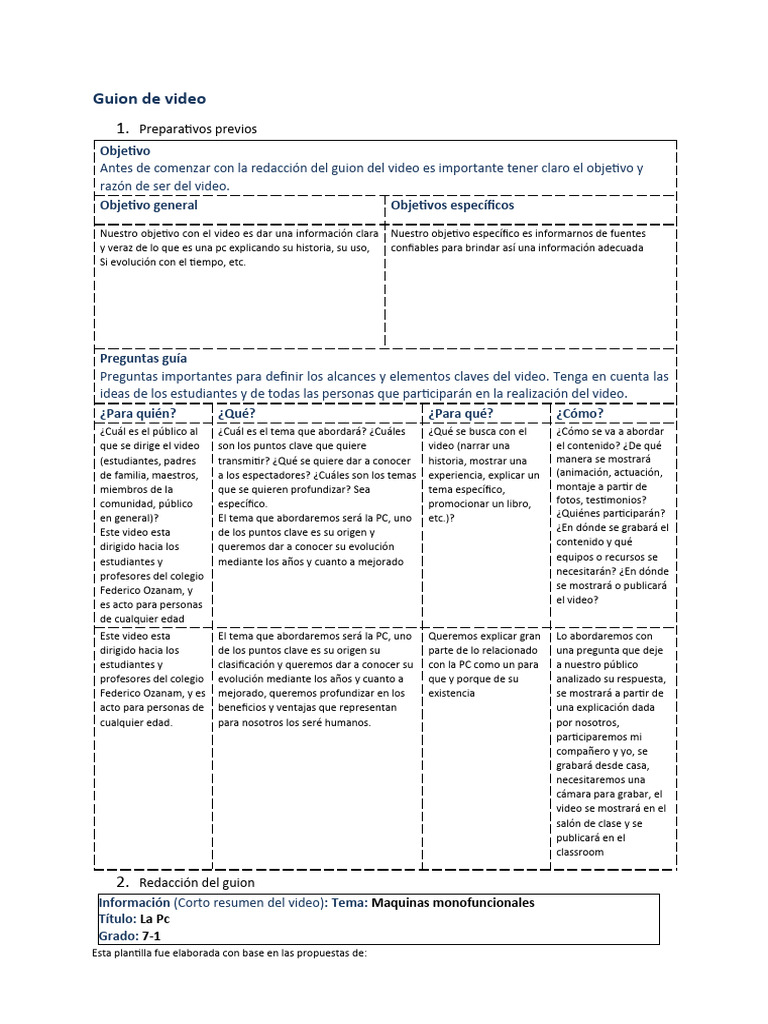 Plantilla Guion Video | PDF