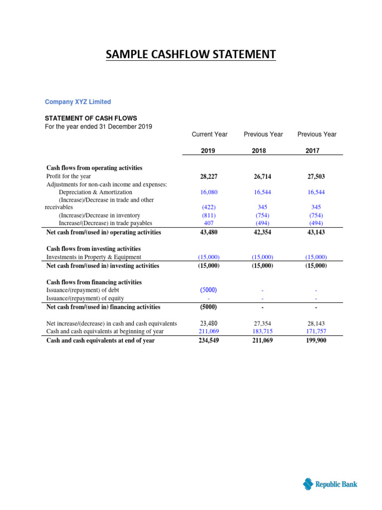 Cash Flow Statement for Company XYZ | PDF