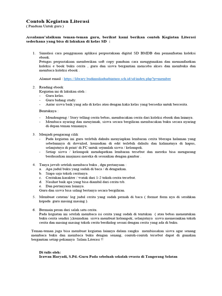 Contoh Kegiatan Literasi Sederhana Di Kelas SD | PDF
