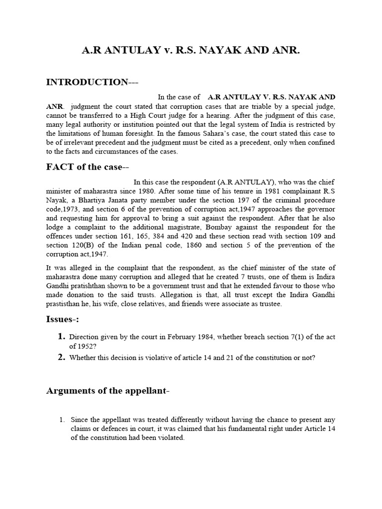 A.R. ANTULAY v. R.S. NAYAK AND ANR. | PDF | Criminal Procedure In South Africa | Appeal