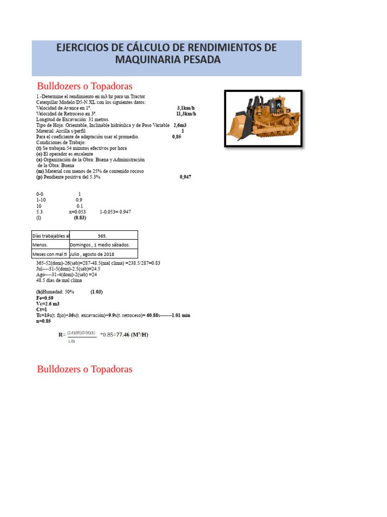 Cálculo De Rendimiento De Maquinaria Pesada Pdf Métodos Y
