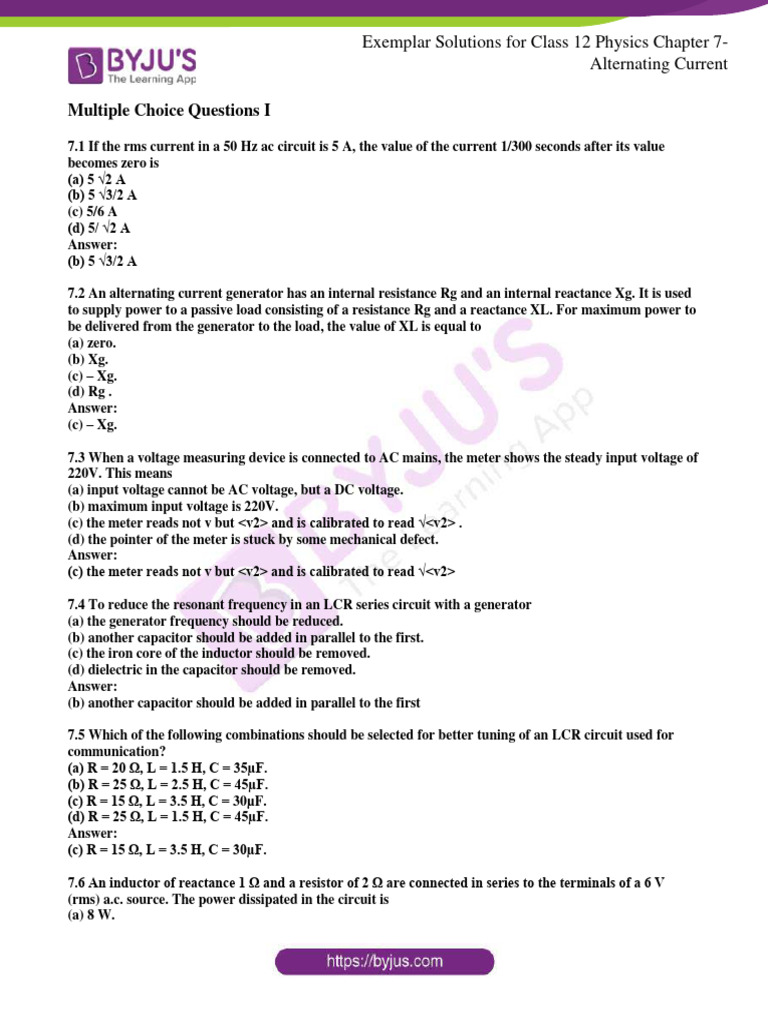 Class 12 Physics: AC Solutions | PDF | Electrical Network | Inductor