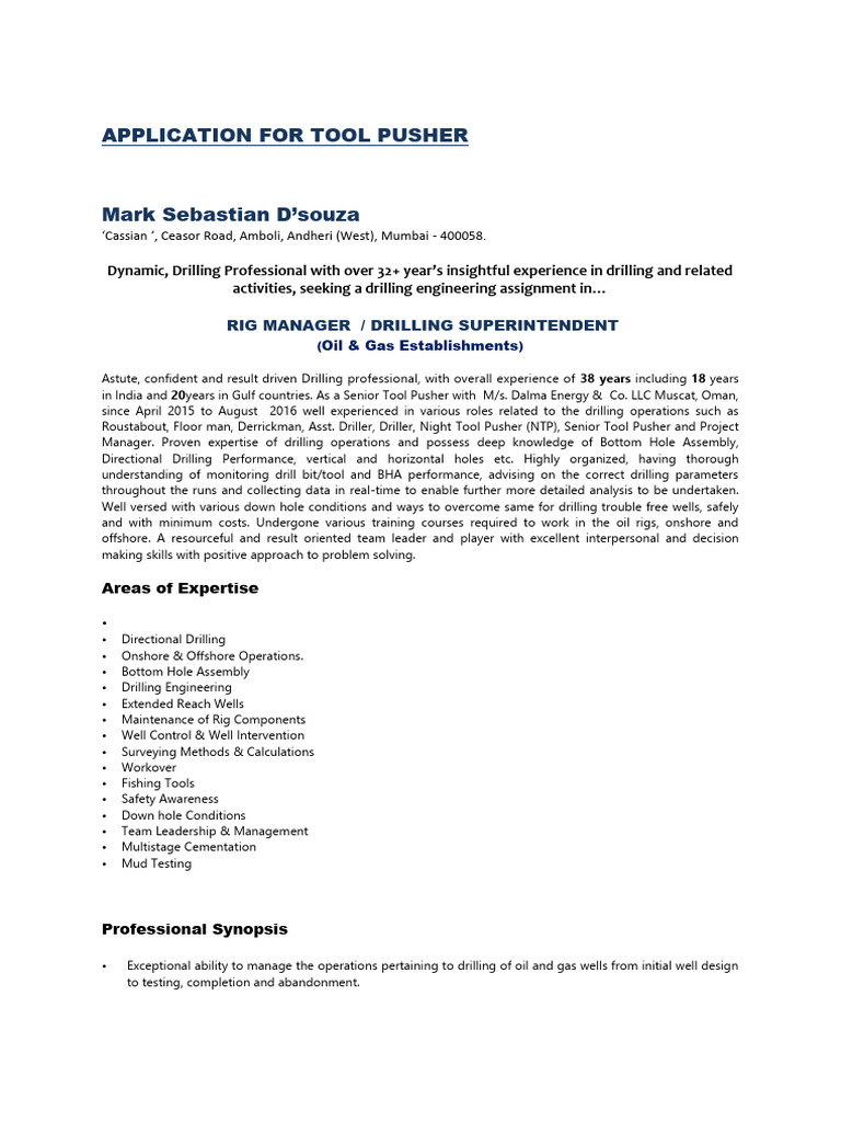 5 TOOL PUSHER Mark Sebastian D | PDF | Drilling Rig | Oil Well