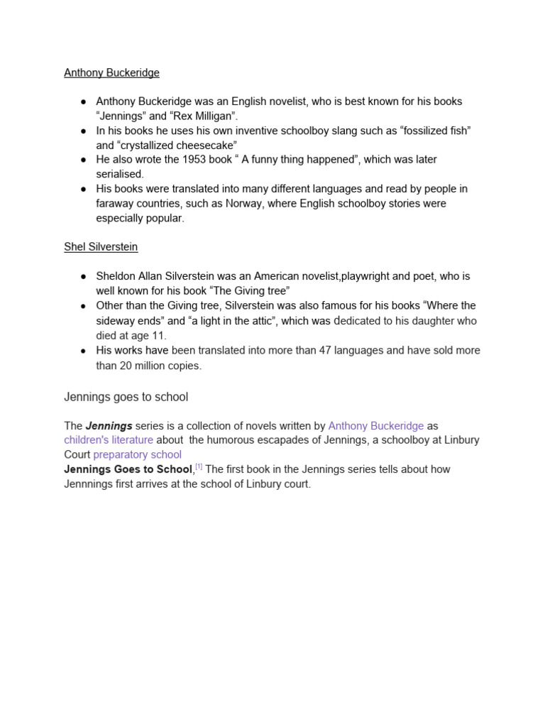 Anthony Buckeridge & Shel Silverstein: Iconic Children's Authors | PDF ...