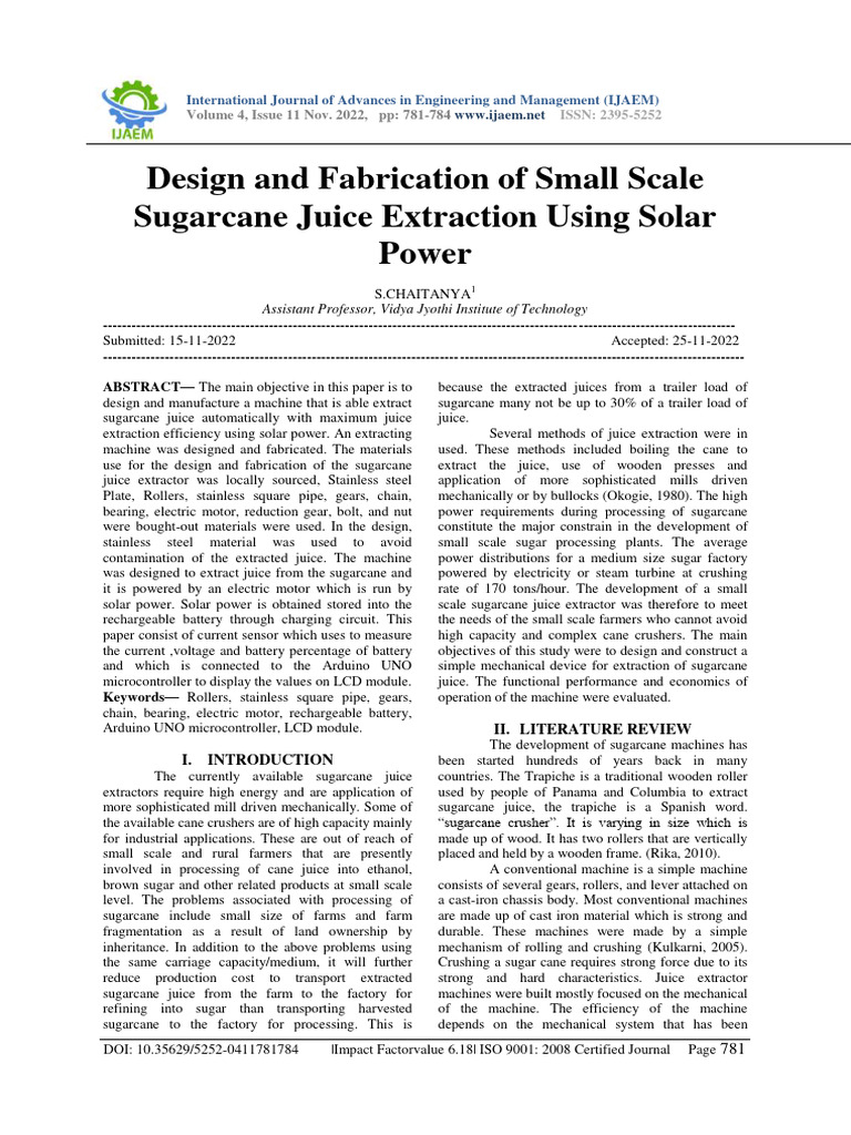 Design and Fabrication of Small Scale Sugarcane Juice Extraction Using ...