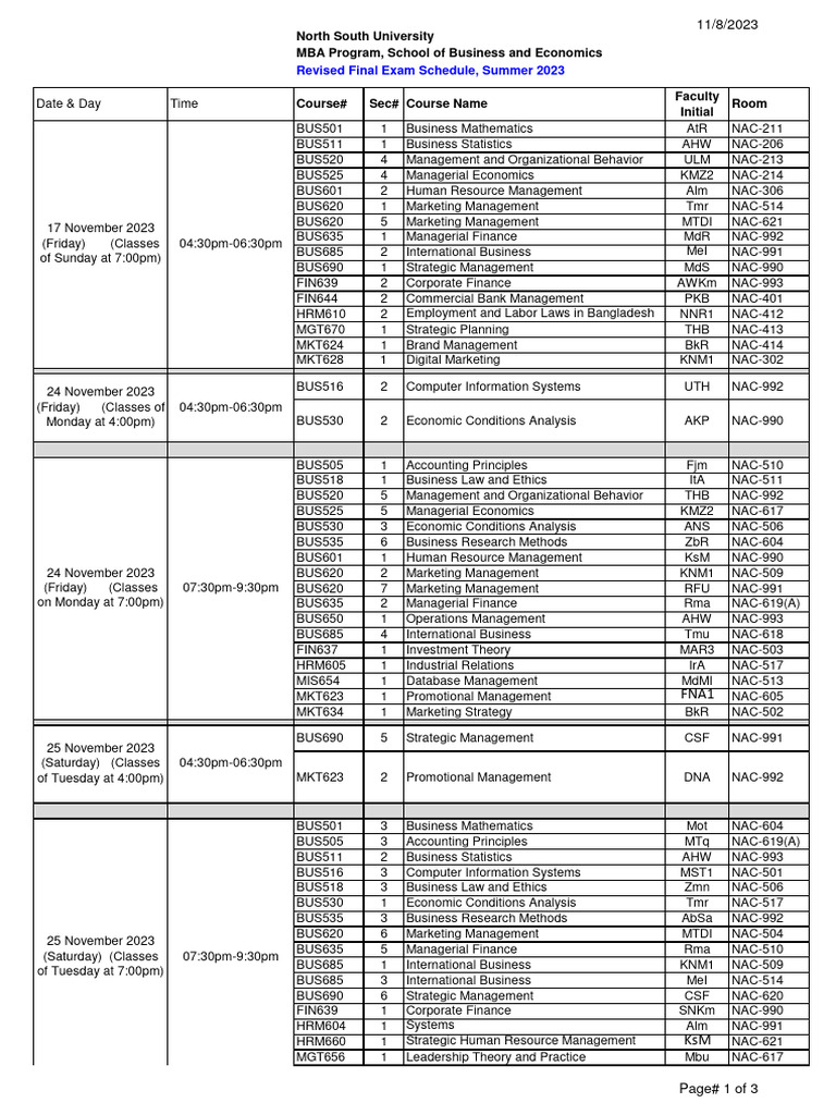 5-9642.revised Final Exam Schedule (MBA and EMBA Program) - 232 | PDF ...