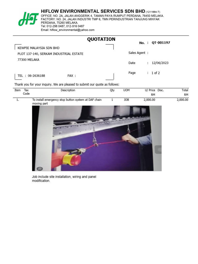 Quotation - Emergency Stop Button System For DAF Chain | PDF ...