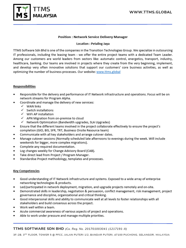 JD - Network Service Delivery Manager - TTMS | PDF | Computer Network | Computing