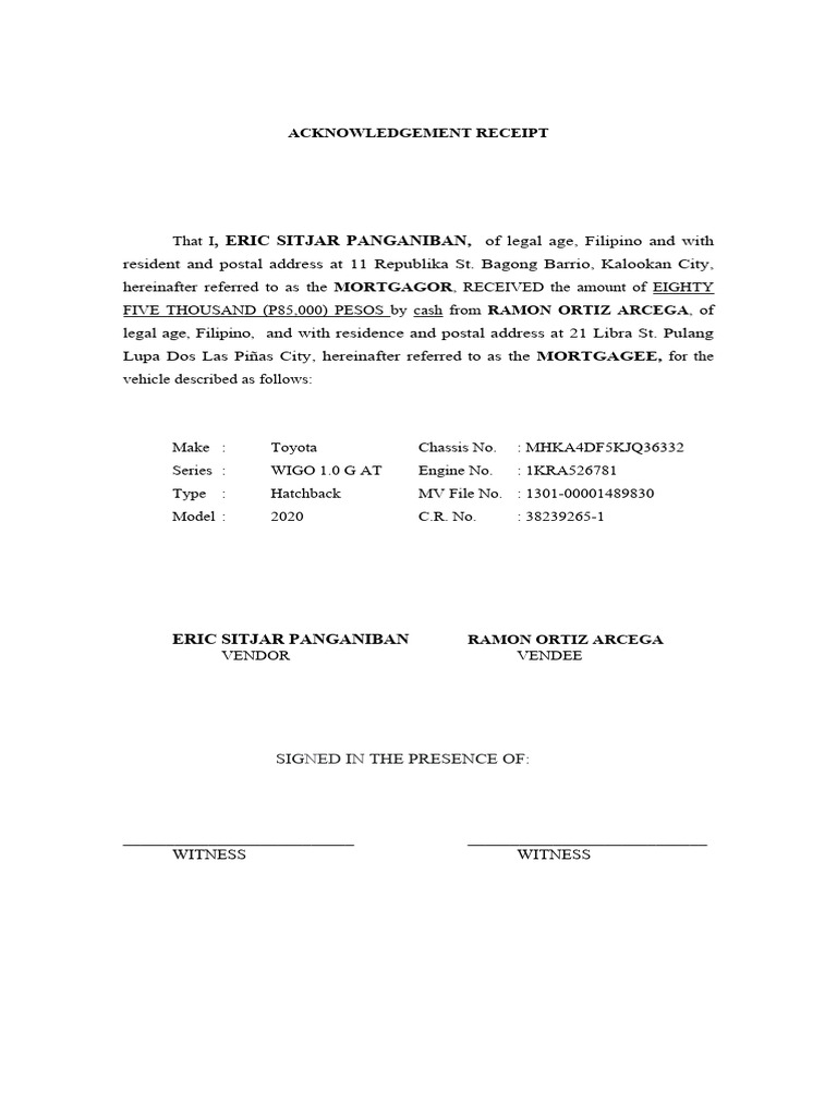 Acknowledgement Receipt Vehicle 2021 | PDF