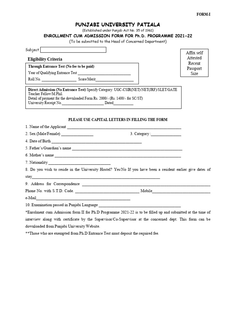 Ph.D. Admission Form 2021-22 | PDF | Doctor Of Philosophy ...
