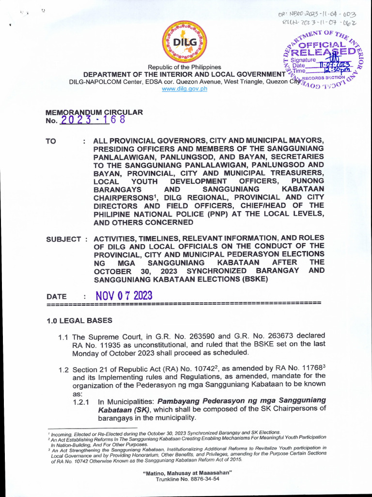 DILG Circular on SK Pederasyon Elections | PDF | Government | Governance