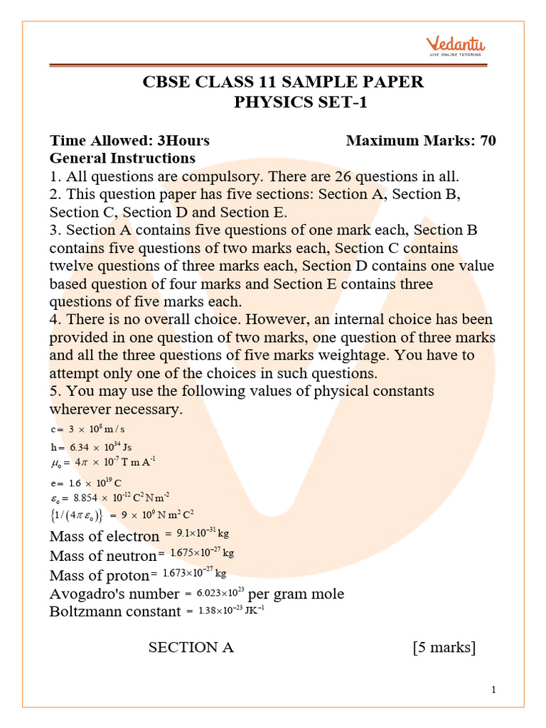 CBSE Class 11 Physics Sample Paper | PDF | Force | Waves