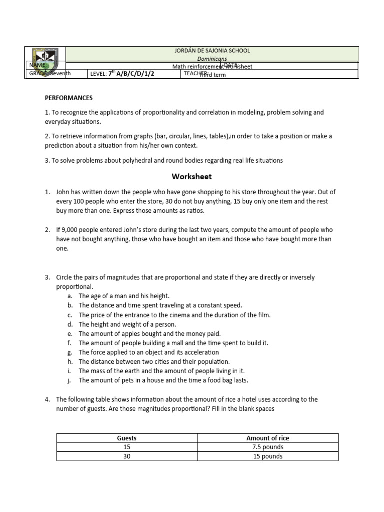 Math Reinforcement Worksheet for 7th Grade | PDF | Weight | Force