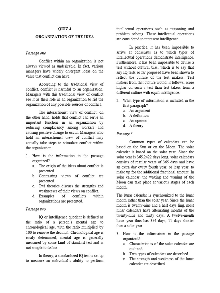 Quiz 4 Organizing Ideas | PDF | Calendar | Intelligence Quotient