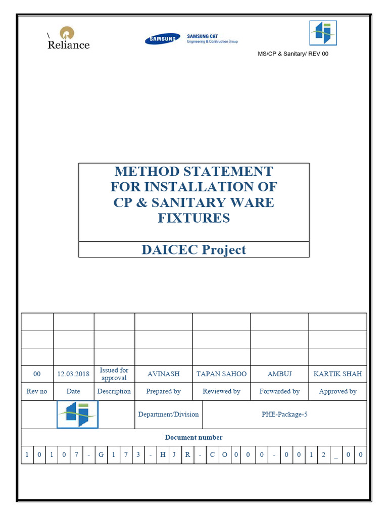 Sanitary Fixtures Method Statement | PDF | Countertop | Specification ...
