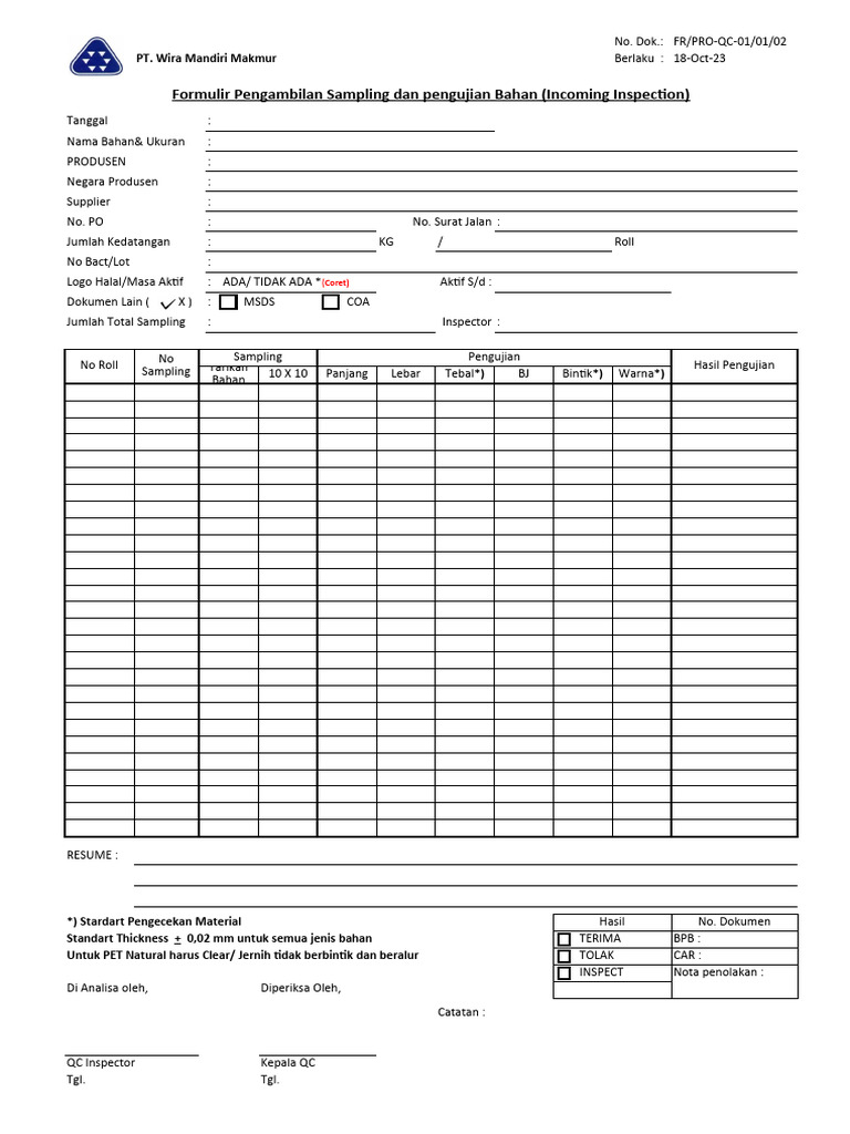FR - pro-QC-01.01.01 Form Pengambilan Sample & Pengujian HALAL | PDF