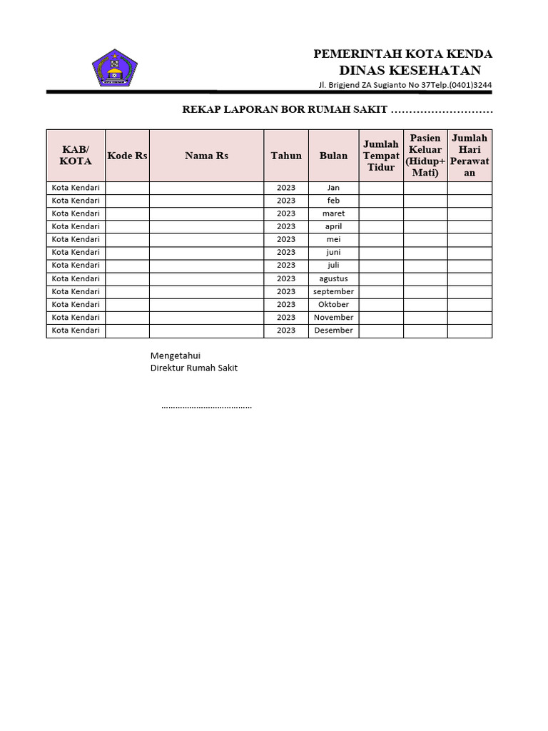 Rekap Laporan BOR RS Kendari 2023 | PDF