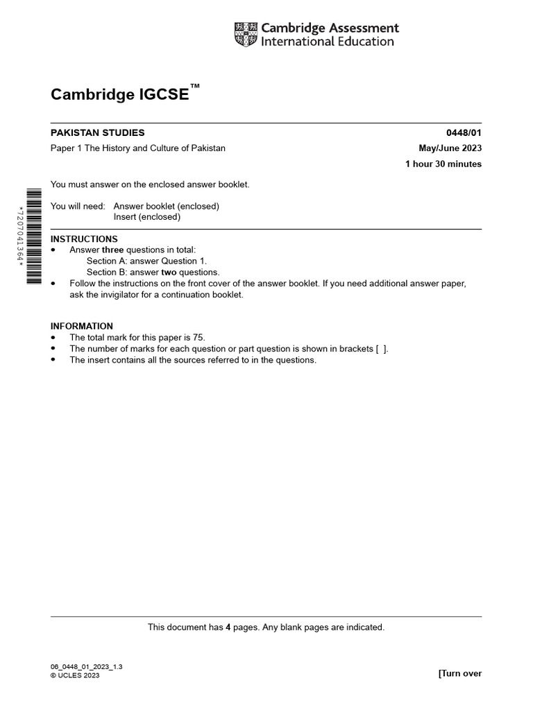 Cambridge IGCSE: 0448/01 Pakistan Studies | PDF | Pakistan | South Asia