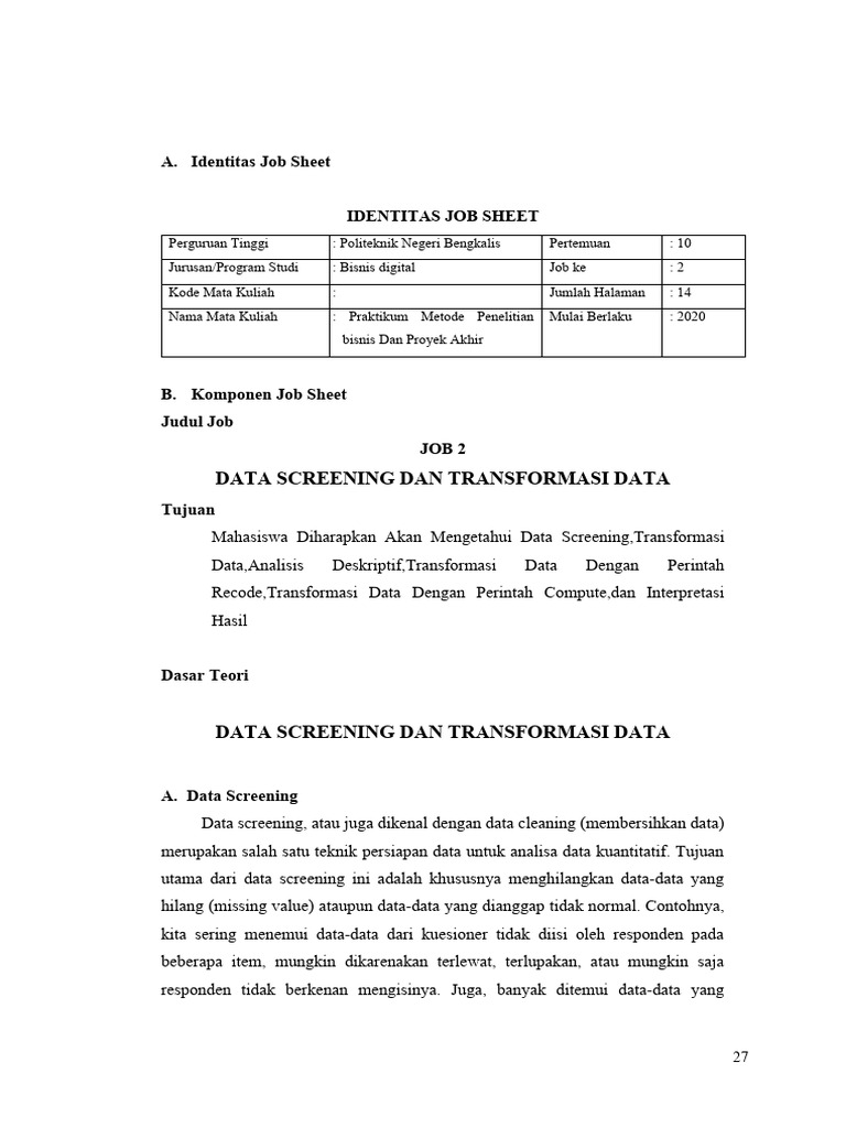 Jobsheet Pertemuan 10 Data Screening Dan Transformasi Data-2 | PDF