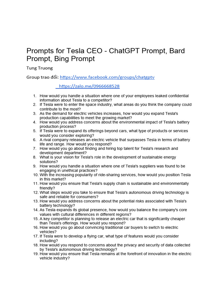Prompts For Tesla CEO - ChatGPT Prompt, Bard Prompt, Bing Prompt | PDF ...