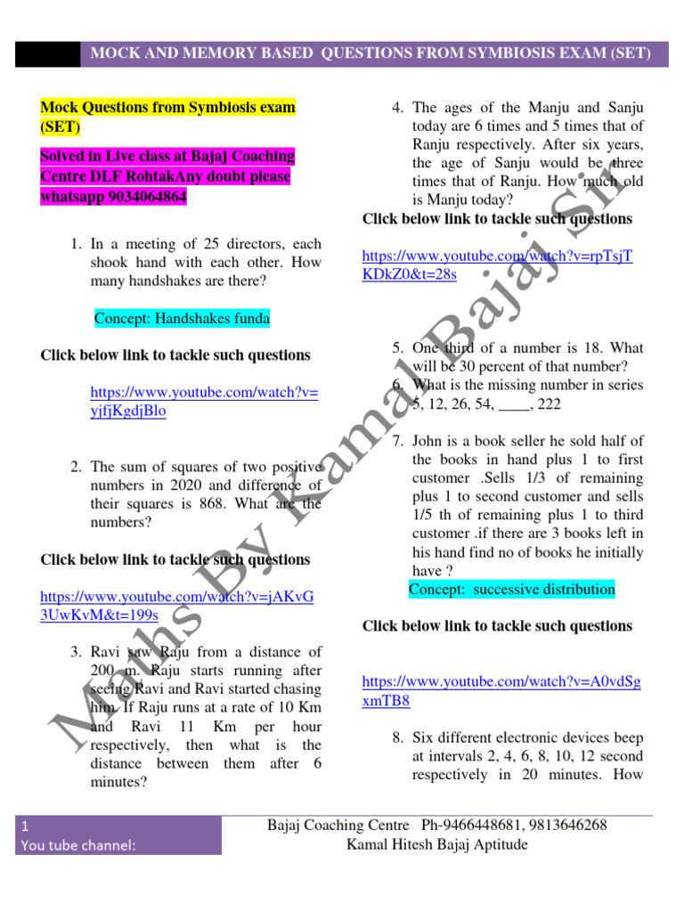 Mock and Memory Based Questions From Symbiosis Exam (Set) : Kdkz0&T 28S ...