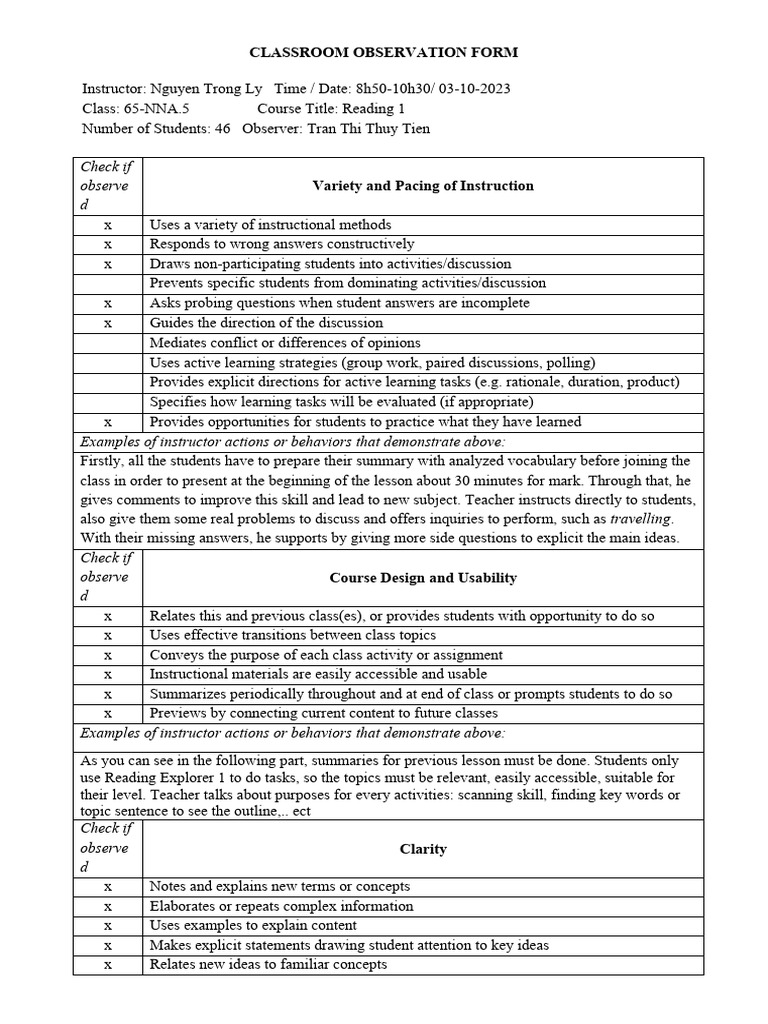Classroom Observation Form | PDF | Teachers | Learning