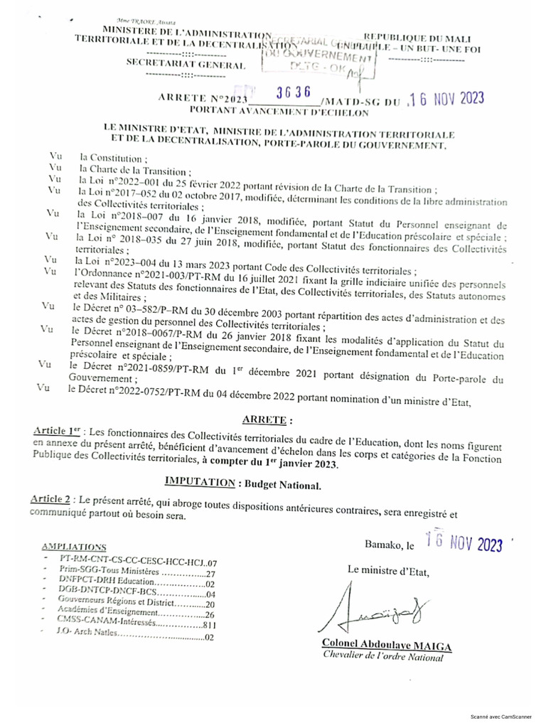 Arrêté N°2023 3636 Portant Avancement D'échelon | PDF