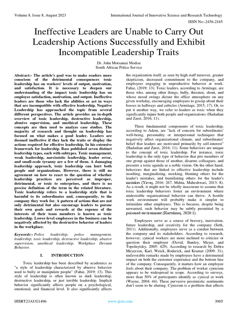 Ineffective Leaders are Unable to Carry Out Leadership Actions ... Ineffective Leaders are Unable to Carry Out Leadership Actions ...