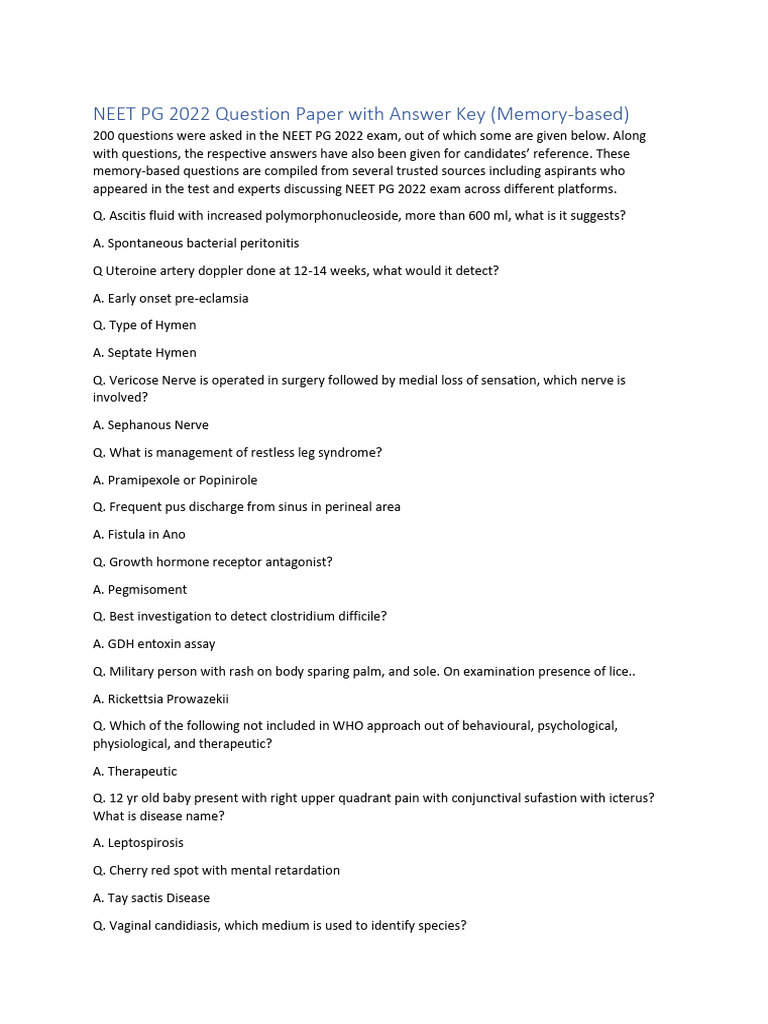 NEET PG 2022 Question Paper & Answers | PDF